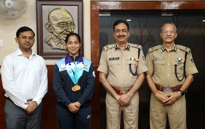 Odisha DGP Sunil Kumar Bansal felicitated Chinmayee Bhuyan for winning two gold medals in World ...